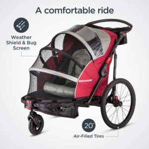 Schwinn Joyrider Deluxe Double Child Bike Trailer Stroller Combo, Max of 2 Children with Total Weight of 80 lbs., Canopy, 20-Inch Air-Filled Tires, Red