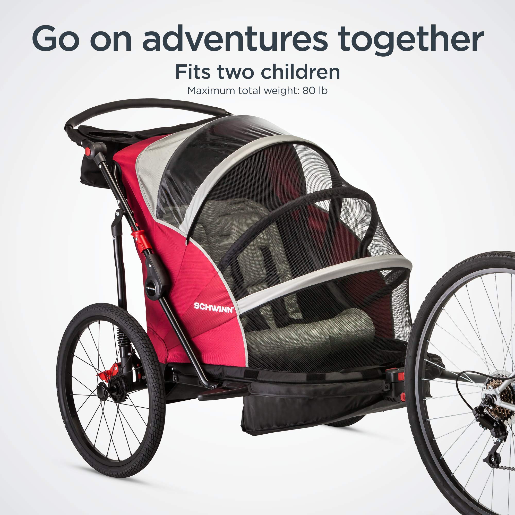 Schwinn Joyrider Deluxe Double Child Bike Trailer Stroller Combo, Max of 2 Children with Total Weight of 80 lbs., Canopy, 20-Inch Air-Filled Tires, Red