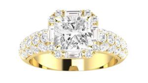 1.5 carat gia certified cushion-cut 14k yellow gold designer popular halo style baguette and pave set round diamond engagement ring with a 0.75 ct d-e vs1-vs2 center