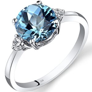 peora 14k white gold swiss blue topaz and diamond ring for women, natural gemstone birthstone, 2.25 carats round shape 8mm, size 7