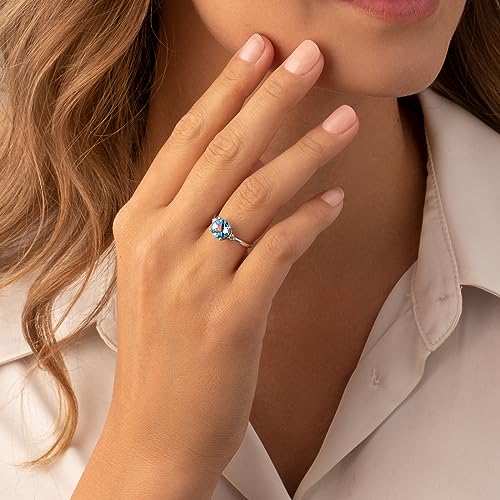 PEORA 14K White Gold Swiss Blue Topaz and Diamond Ring for Women, Natural Gemstone Birthstone, 2.25 Carats Round Shape 8mm, Size 7