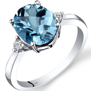 peora swiss blue topaz and diamond ring for women 14k white gold, natural gemstone birthstone, 2.75 carats oval shape 10x8mm, size 7