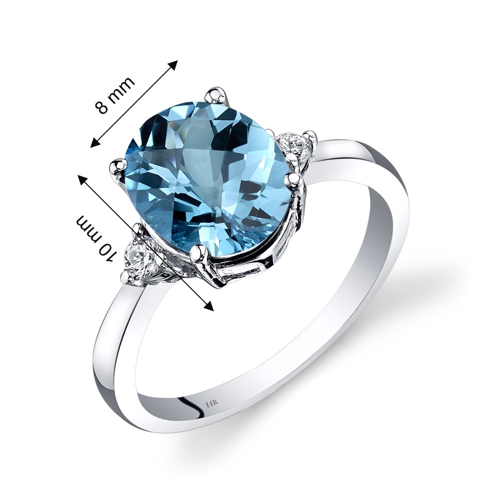 PEORA Swiss Blue Topaz and Diamond Ring for Women 14K White Gold, Natural Gemstone Birthstone, 2.75 Carats Oval Shape 10x8mm, Size 7