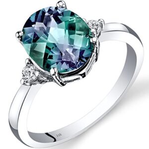 peora 14k white gold created alexandrite and genuine diamond 3-stone ring for women, color-changing 3 carats oval shape 10x8mm, size 7