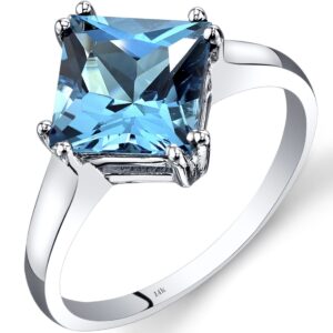 peora swiss blue topaz solitaire ring for women 14k white gold, natural gemstone birthstone, 2.75 carats princess cut 8mm, size 7