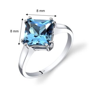 PEORA Swiss Blue Topaz Solitaire Ring for Women 14K White Gold, Natural Gemstone Birthstone, 2.75 Carats Princess Cut 8mm, Size 7