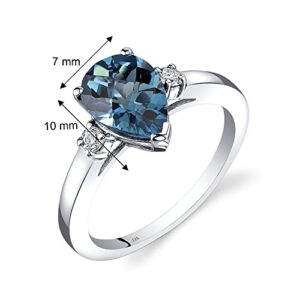 PEORA London Blue Topaz and Diamond Teardrop Solitaire Ring for Women 14K White Gold, Natural Gemstone Birthstone, 2.75 Carats Pear Shape 10x7mm, Size 7