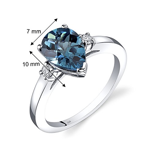 PEORA London Blue Topaz and Diamond Teardrop Solitaire Ring for Women 14K White Gold, Natural Gemstone Birthstone, 2.75 Carats Pear Shape 10x7mm, Size 7