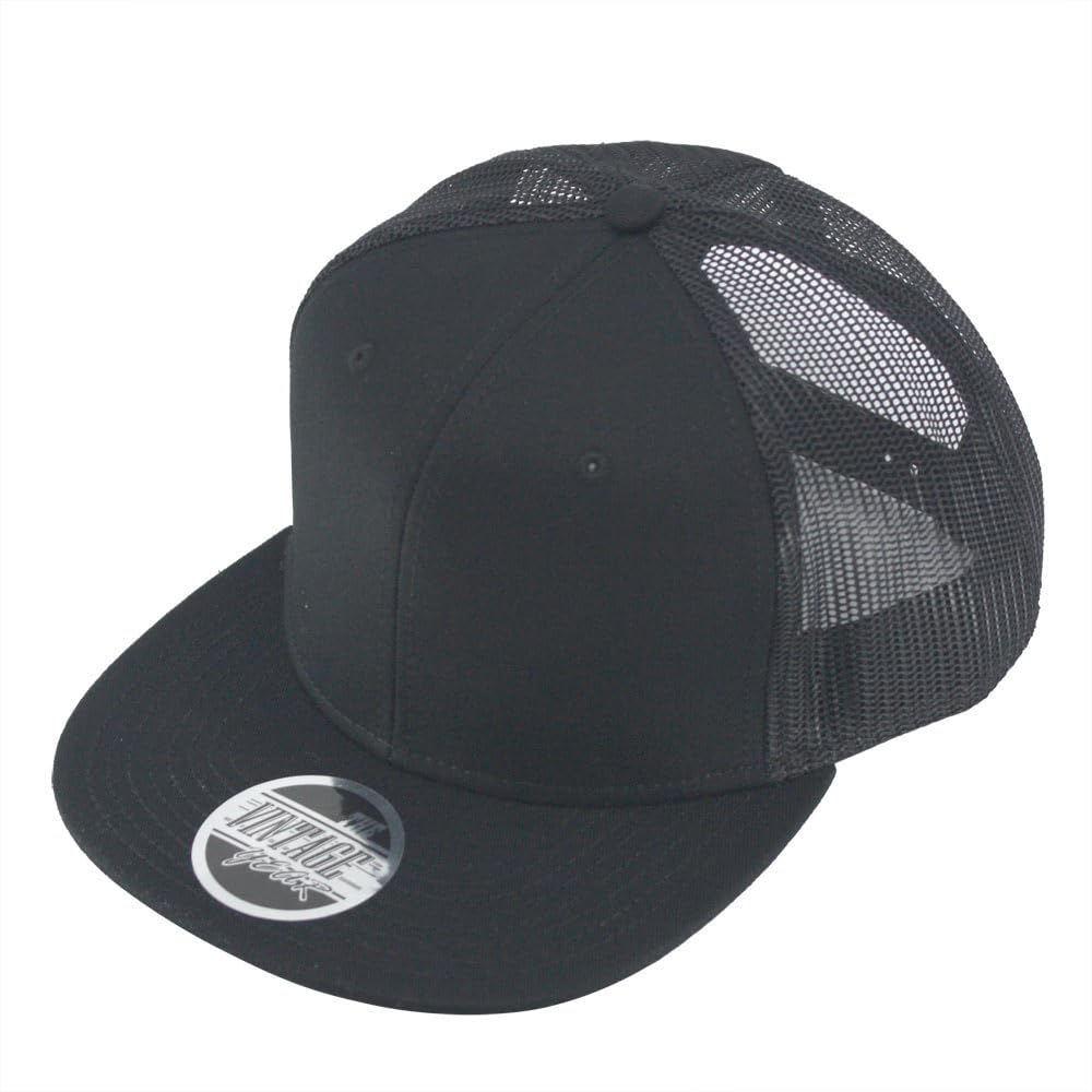 Embroidered Vintage Cars Cotton Flat Brim Mesh Snapback Trucker Baseball Cap (Black)