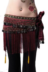 zltdream women's belly dance tribal hip scarf with fringe coins flannel dark red, one size