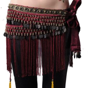 ZLTdream Women's Belly Dance Tribal Hip Scarf with Fringe Coins Flannel Dark Red, One Size