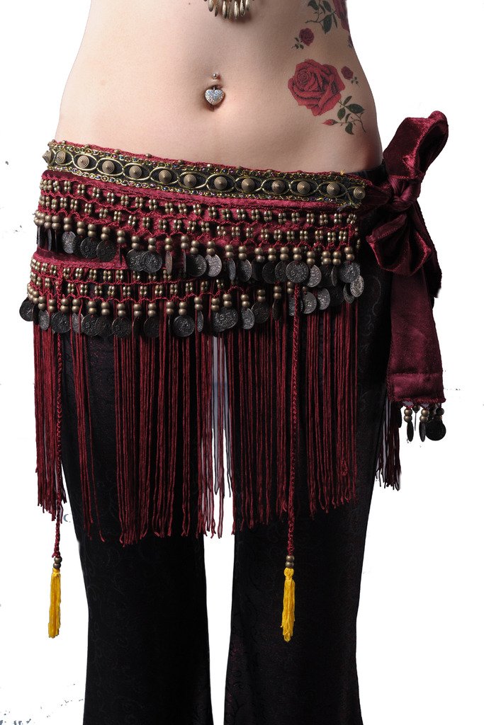 ZLTdream Women's Belly Dance Tribal Hip Scarf with Fringe Coins Flannel Dark Red, One Size