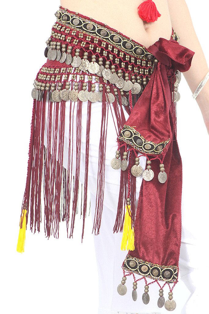 ZLTdream Women's Belly Dance Tribal Hip Scarf with Fringe Coins Flannel Dark Red, One Size