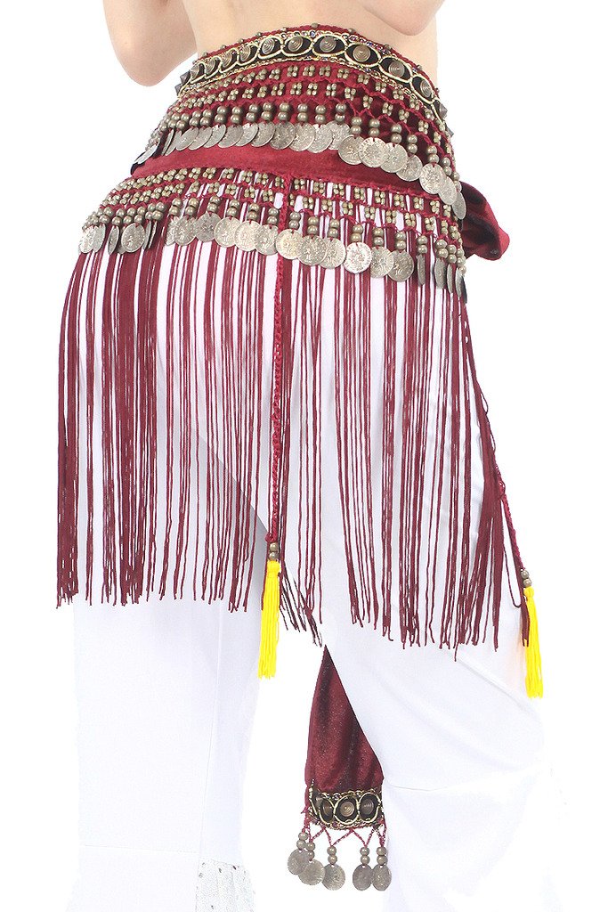 ZLTdream Women's Belly Dance Tribal Hip Scarf with Fringe Coins Flannel Dark Red, One Size