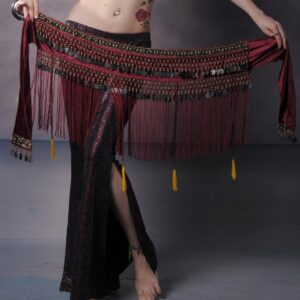 ZLTdream Women's Belly Dance Tribal Hip Scarf with Fringe Coins Flannel Dark Red, One Size