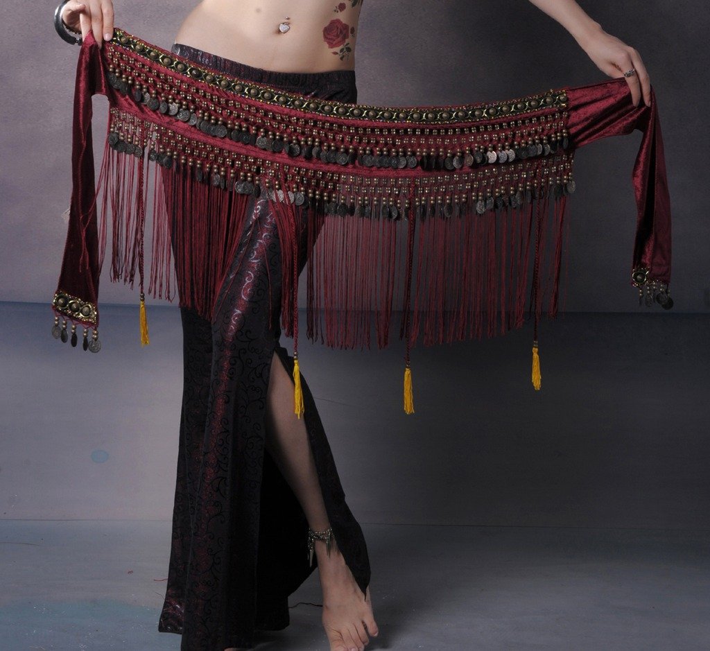 ZLTdream Women's Belly Dance Tribal Hip Scarf with Fringe Coins Flannel Dark Red, One Size