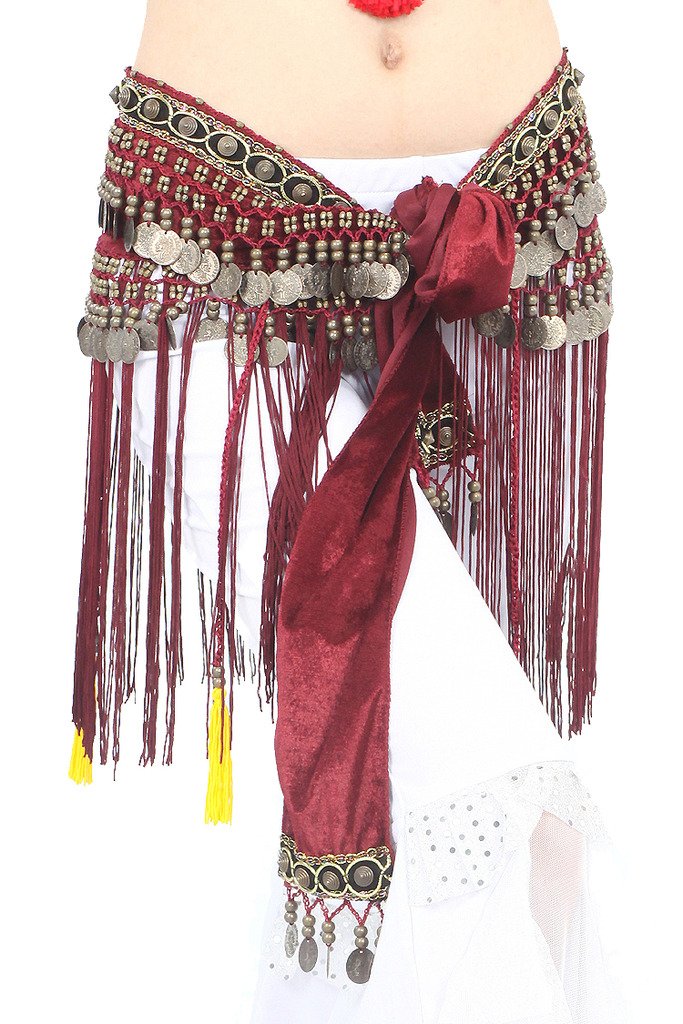 ZLTdream Women's Belly Dance Tribal Hip Scarf with Fringe Coins Flannel Dark Red, One Size