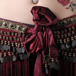 ZLTdream Women's Belly Dance Tribal Hip Scarf with Fringe Coins Flannel Dark Red, One Size