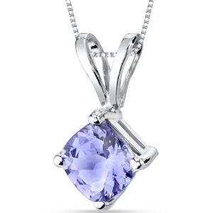 peora 14k white gold tanzanite pendant for women, genuine gemstone classic solitaire, 1 carat cushion cut, 6mm, aaa grade