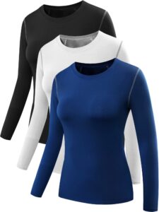 neleus women's 3 pack dry fit athletic compression long sleeve t shirt,black,blue,white,medium