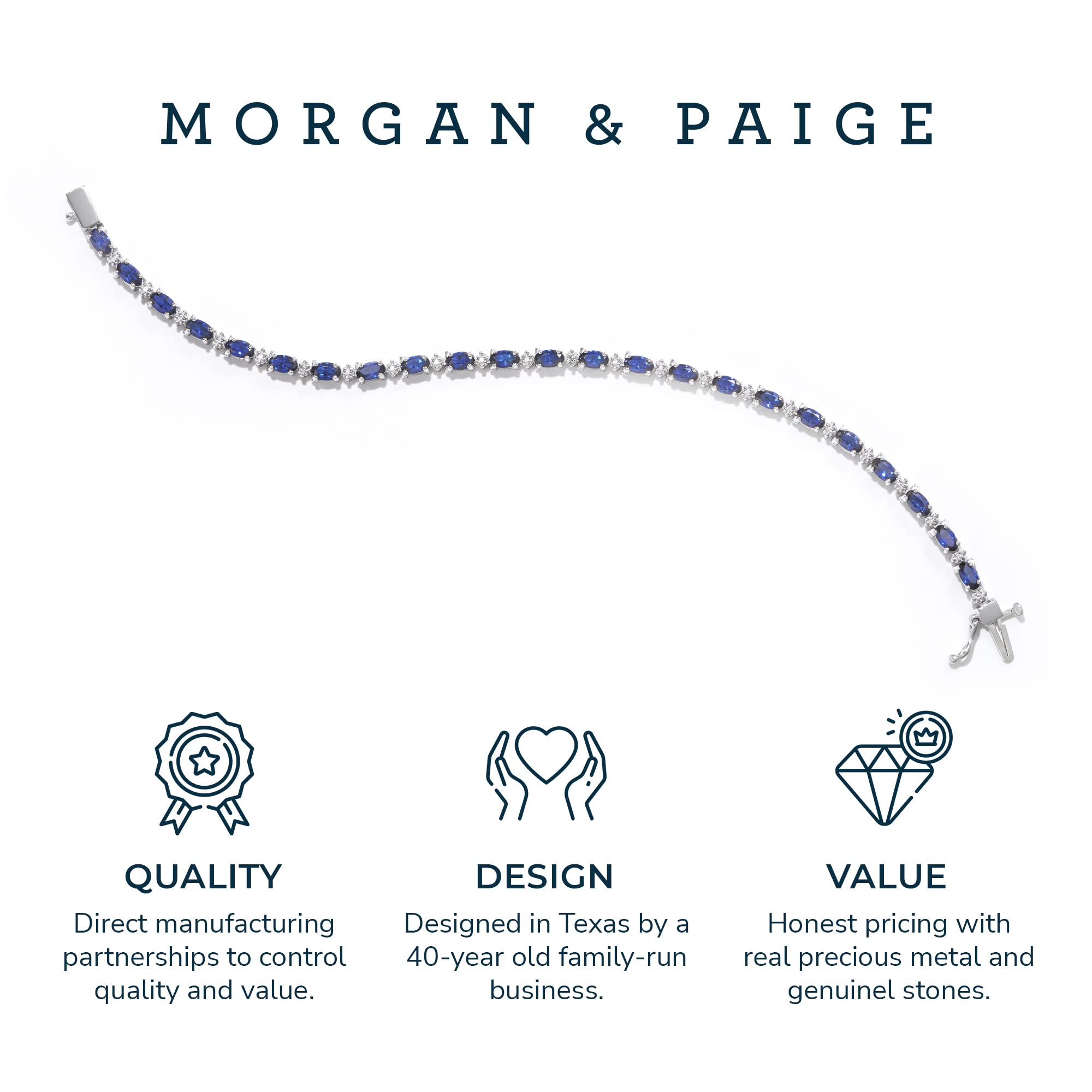 MORGAN & PAIGE Tennis Bracelet for Women, Diamonds and Oval Gemstones, Birthstone Colors, Pure 925 Sterling Silver with Secure Locking Clasp