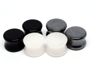 mystic metals body jewelry set of 3 pairs stone plugs - 7/16" - 11mm - (black agate, white jade, hematite) - sold as a pair