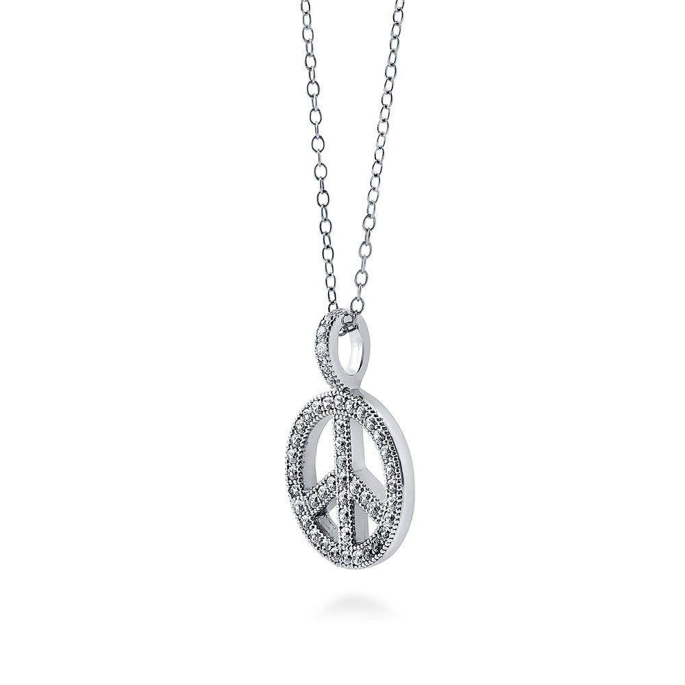 BERRICLE Sterling Silver Peace Sign Cubic Zirconia CZ Fashion Pendant Necklace for Women, Rhodium Plated