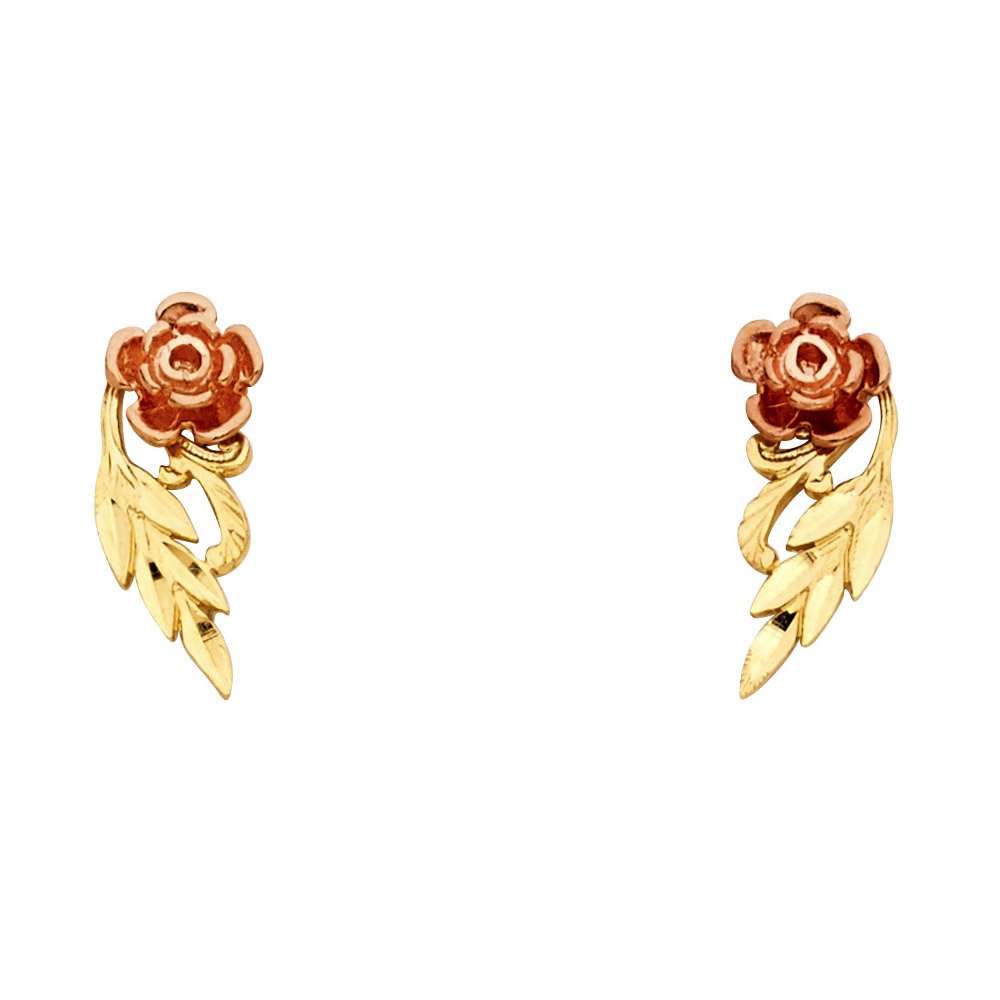 14k Two Tone Gold Fancy Rose Stud Earrings (6 X 18mm)