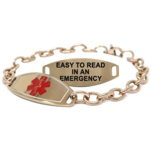 my identity doctor medical alert bracelet for women, custom engraved medic id, rose gold tone steel 6mm o-link chain, red, free id card | made in usa - wrist size 6.25 inch