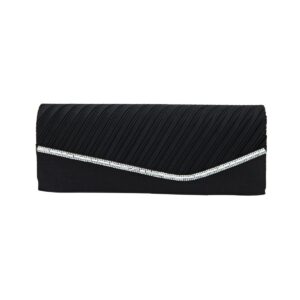 trendsblue elegant pleated satin & crystal flap clutch evening bag, black