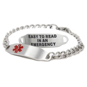 medical bracelet with free engraving, stainless steel and identification card, curb chain alert - red | made in usa - wrist size 5 inch