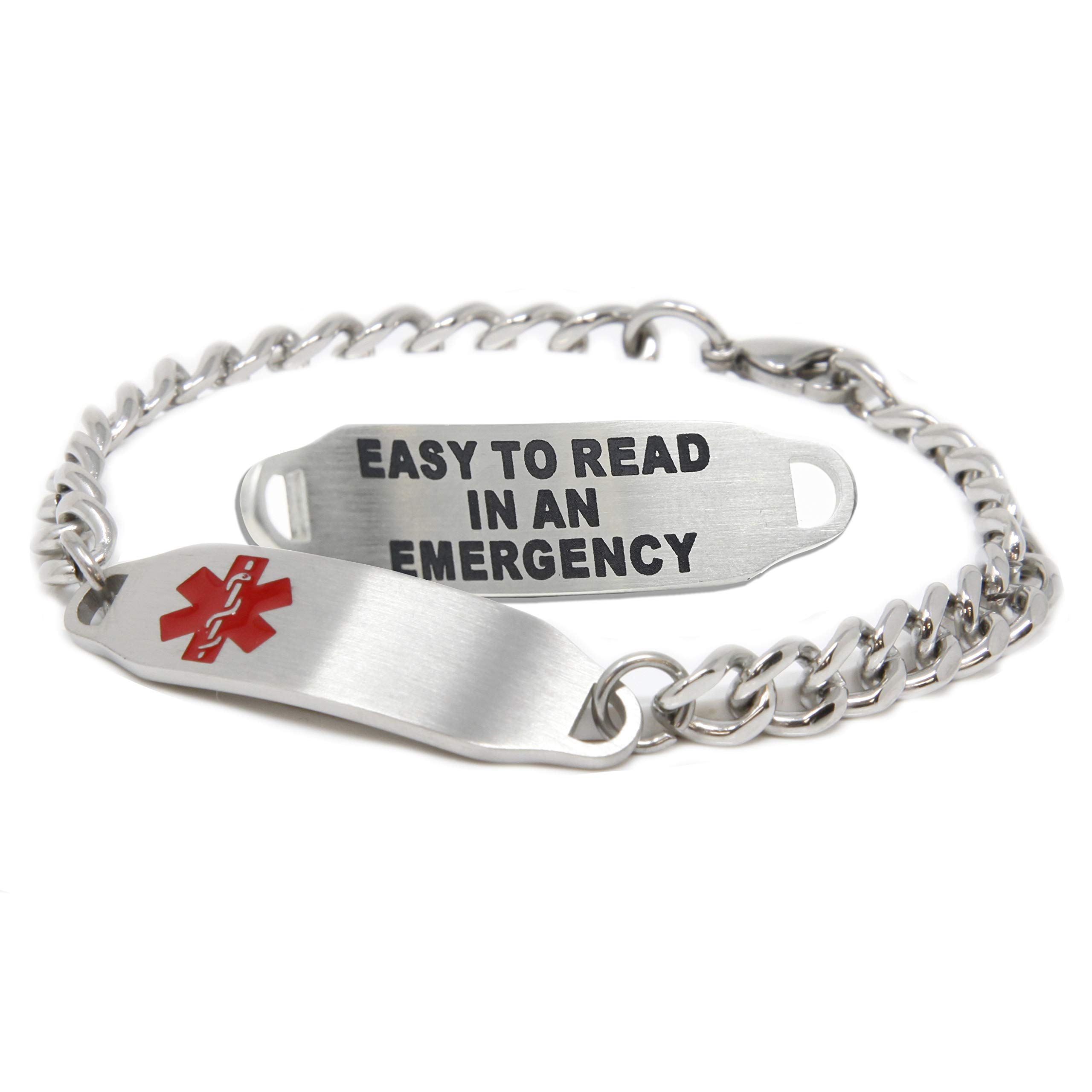 Medical Bracelet With Free Engraving, Stainless Steel and Identification Card, Curb Chain Alert - Red | Made In USA - Wrist Size 5 Inch