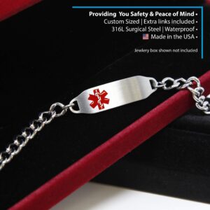 Medical Bracelet With Free Engraving, Stainless Steel and Identification Card, Curb Chain Alert - Red | Made In USA - Wrist Size 5 Inch