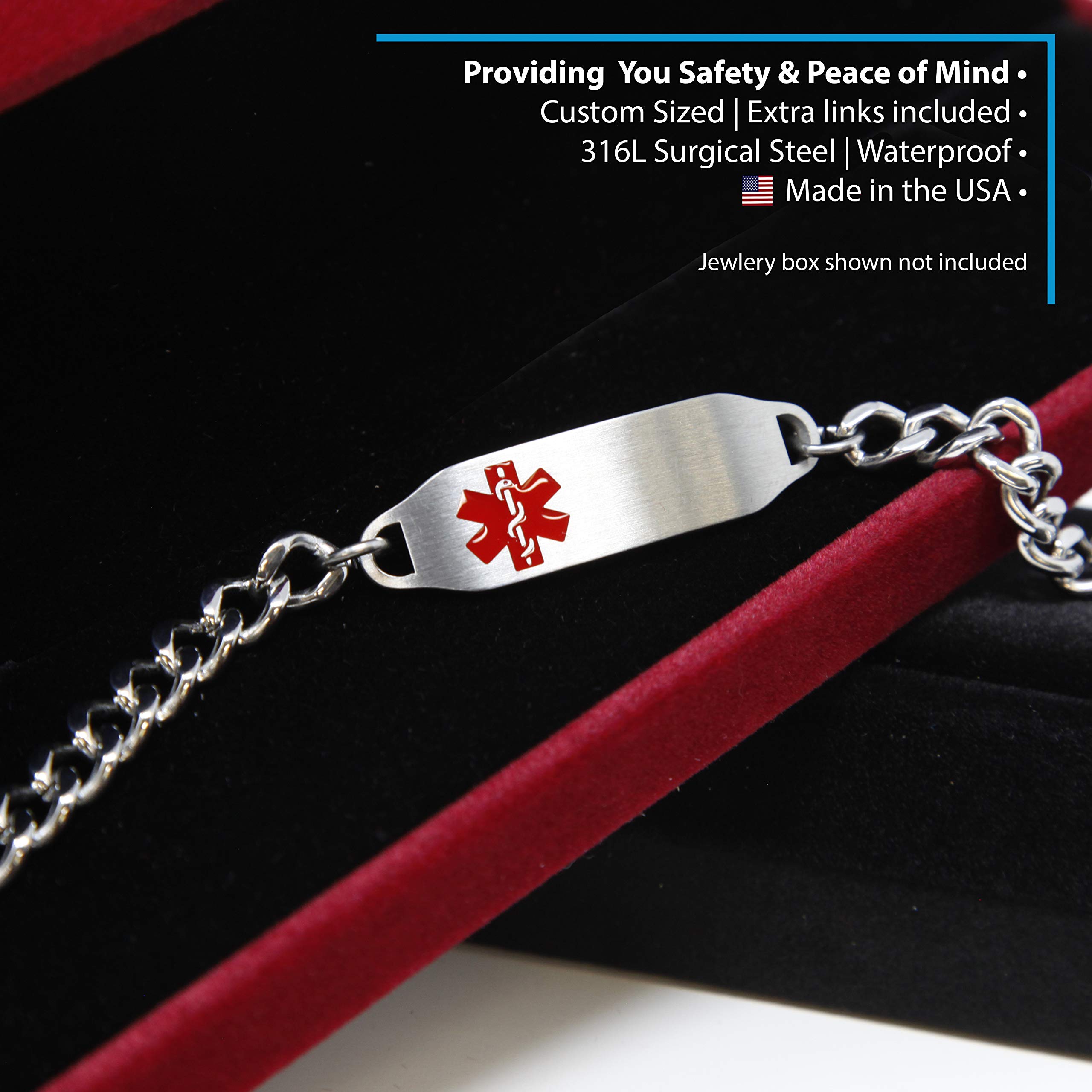 Medical Bracelet With Free Engraving, Stainless Steel and Identification Card, Curb Chain Alert - Red | Made In USA - Wrist Size 5 Inch