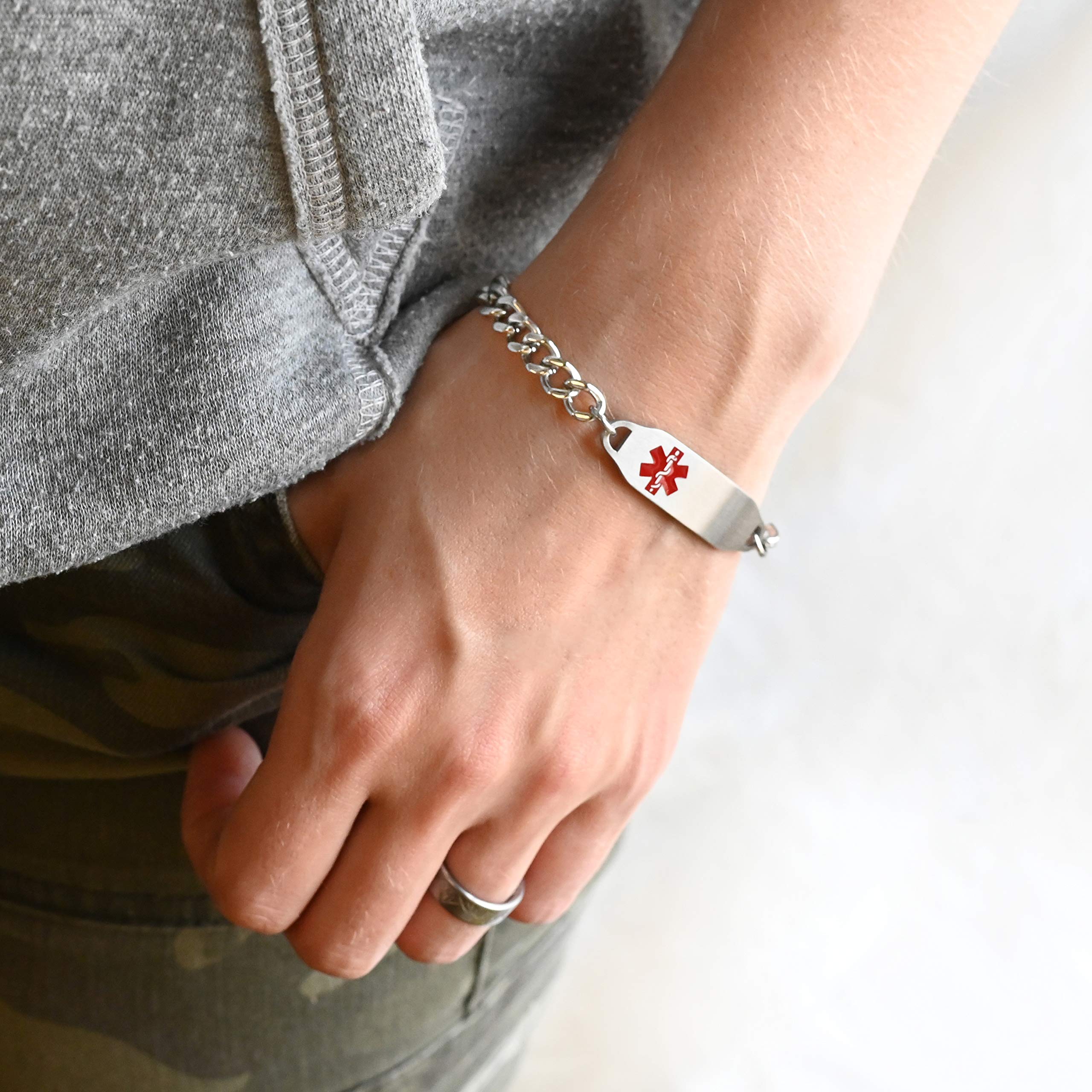 Medical Bracelet With Free Engraving, Stainless Steel and Identification Card, Curb Chain Alert - Red | Made In USA - Wrist Size 5 Inch