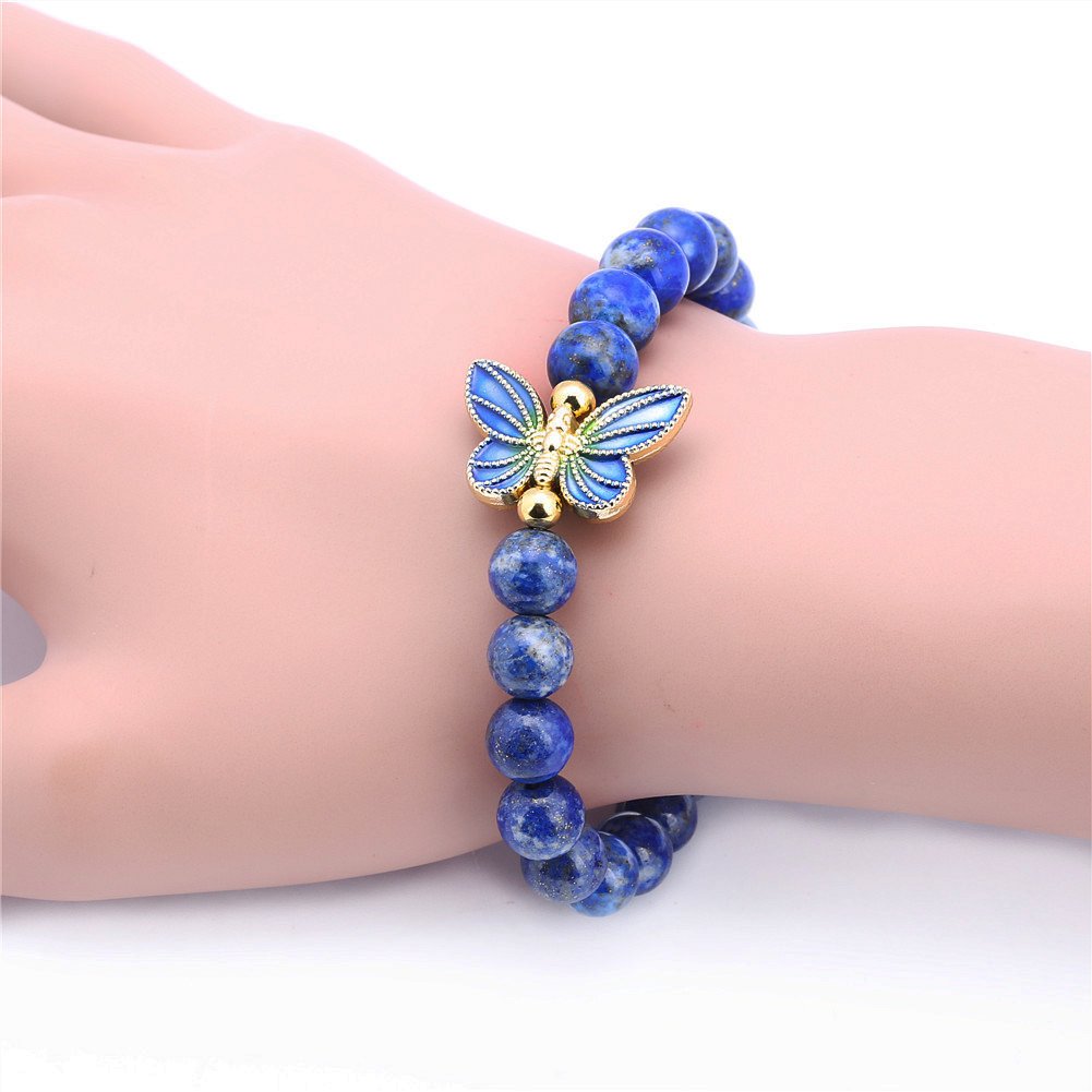 Gem Stone King 8mm Simulated-Lapis Lazuli 18K Yellow Gold Plated Silver Cloisonne Enamel Butterfly Bracelet For Women