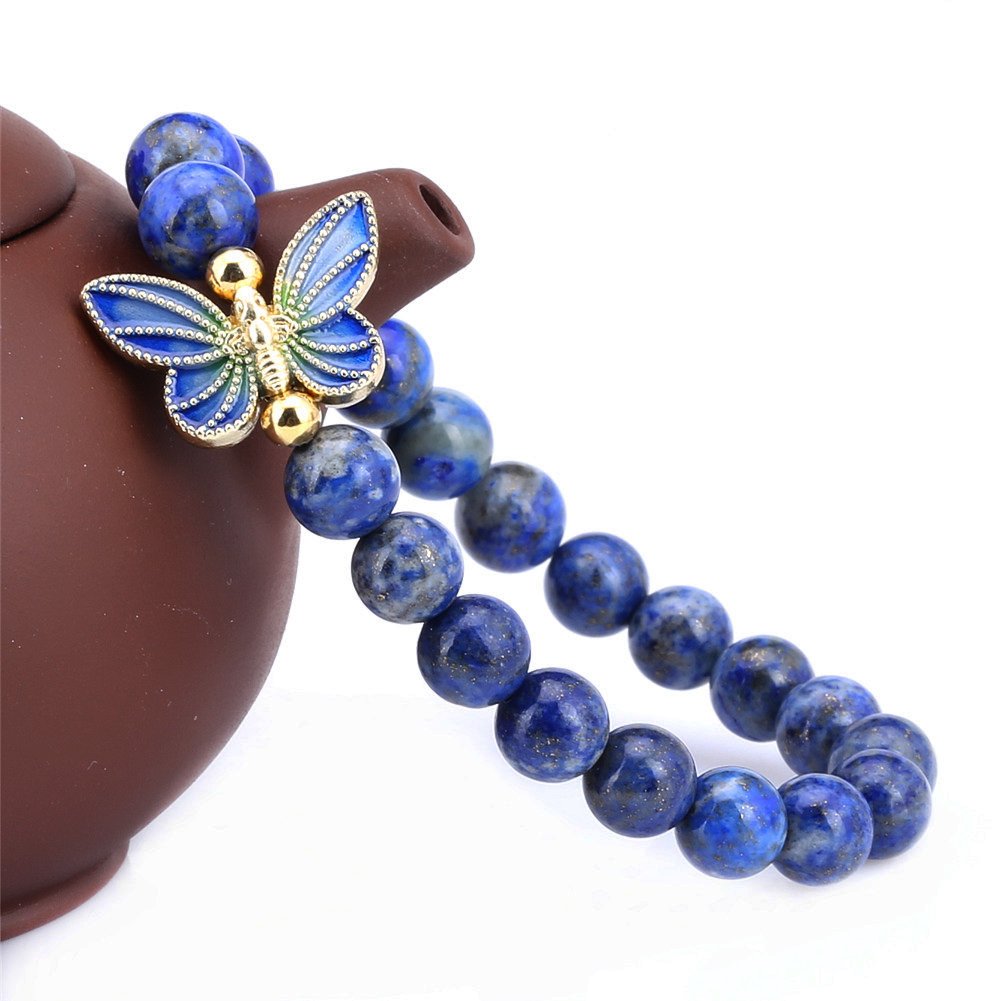 Gem Stone King 8mm Simulated-Lapis Lazuli 18K Yellow Gold Plated Silver Cloisonne Enamel Butterfly Bracelet For Women