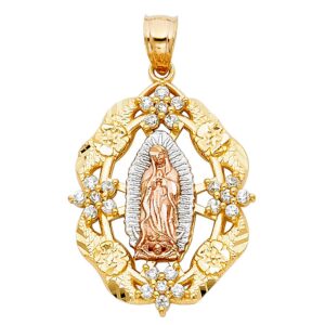 14k tri color gold cz religious our lady of guadalupe pendant