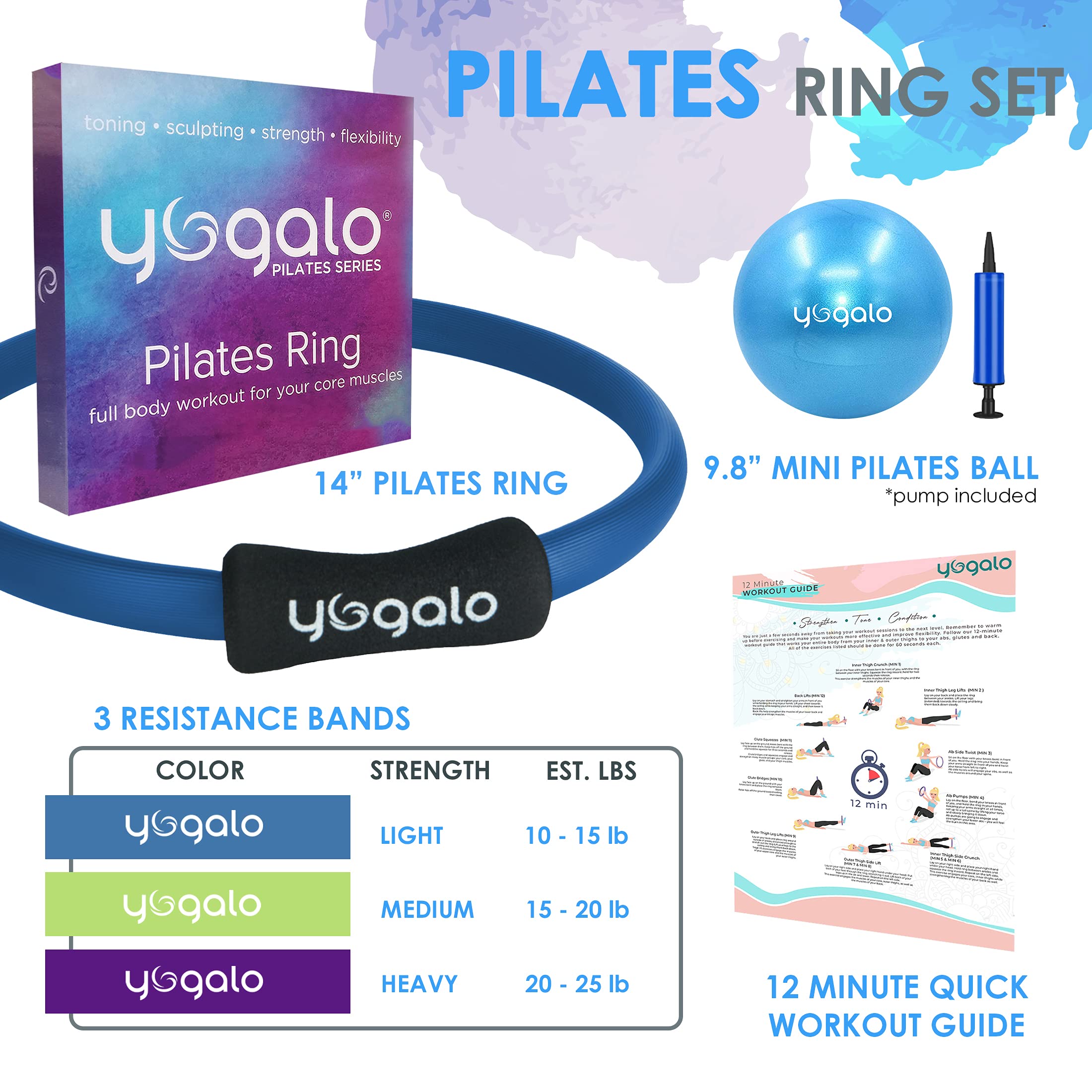 Pilates Ring and Ball Set with 3 Resistance Bands - Pilates Equipment for Home Workout - Magic Circle Pilates Ring 14 Inch to Tone, Sculpt and Strengthen - Fitness Ring for Yoga and Pilates (Black)