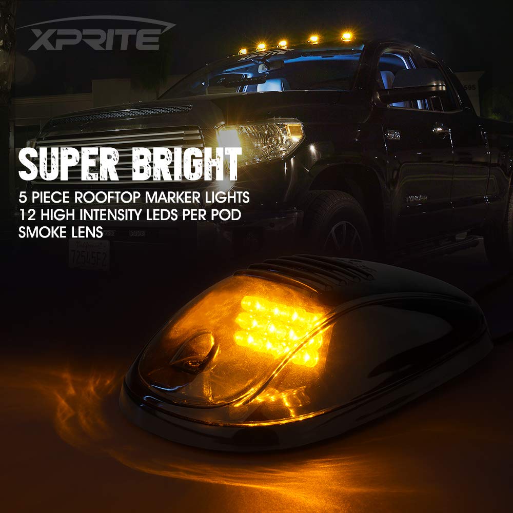 Xprite Black Smoked Lens 12 LEDs Cab Clearance Light 5 Pcs Roof Top Marker Running Lights Kit for Ford Dodge Ram Trucks SUV POV Pickup - Amber Yellow