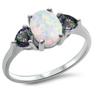 oxford diamond co lab created white opal & rainbow cz .925 sterling silver ring size 9