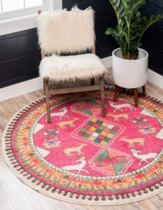 unique loom sedona collection southwestern, border, over-dyed, animals, tribal, abstract area rug, 6 feet, pink/beige