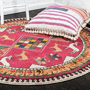 Unique Loom Sedona Collection Southwestern, Border, Over-Dyed, Animals, Tribal, Abstract Area Rug, 6 Feet, Pink/Beige