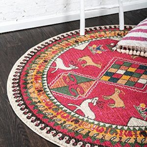 Unique Loom Sedona Collection Southwestern, Border, Over-Dyed, Animals, Tribal, Abstract Area Rug, 6 Feet, Pink/Beige