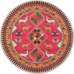 Unique Loom Sedona Collection Southwestern, Border, Over-Dyed, Animals, Tribal, Abstract Area Rug, 6 Feet, Pink/Beige