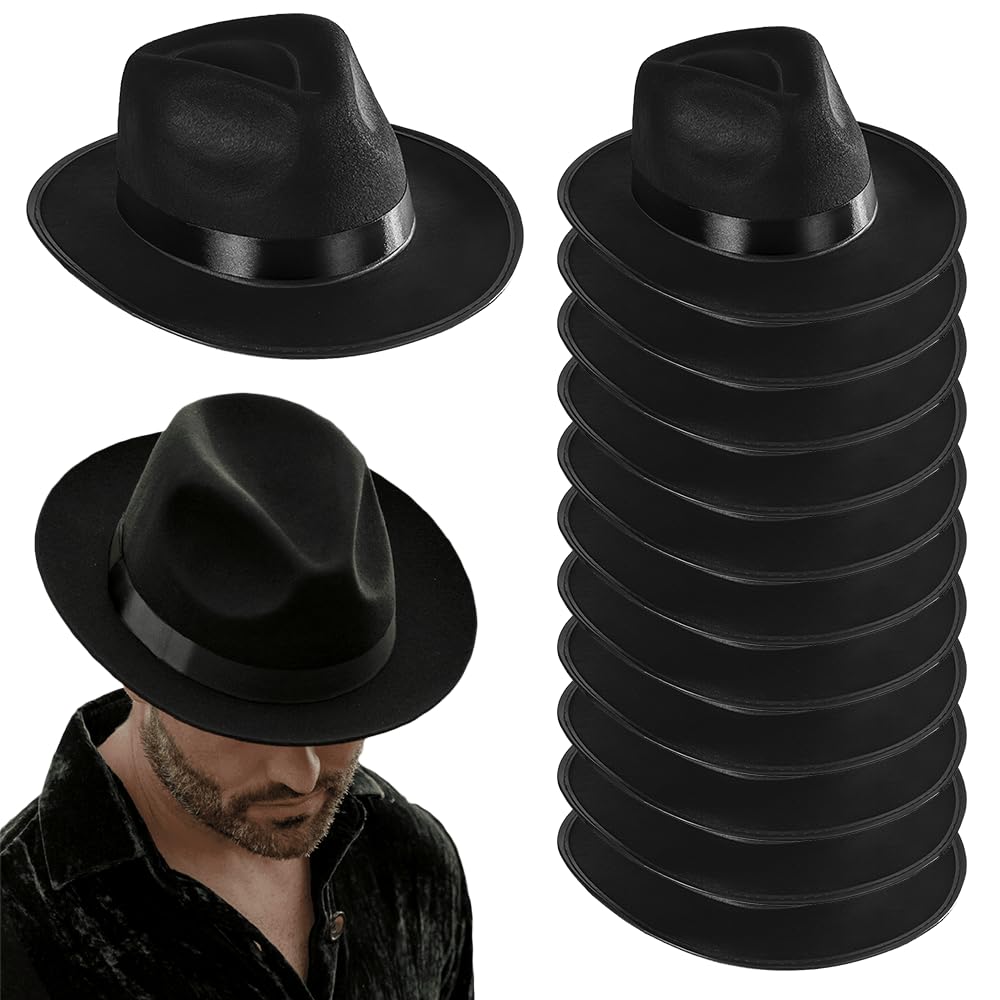 Funny Party Hats Black Fedora Gangster Hat Costume Accessory - Pack of 12