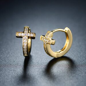 Barzel 18k Gold Plated Crystal Huggies Cross Earrings for Women - Made In Brazil