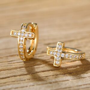 Barzel 18k Gold Plated Crystal Huggies Cross Earrings for Women - Made In Brazil