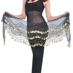 reindear vogue style chiffon dangling gold coins belly dance hip scarf (black)