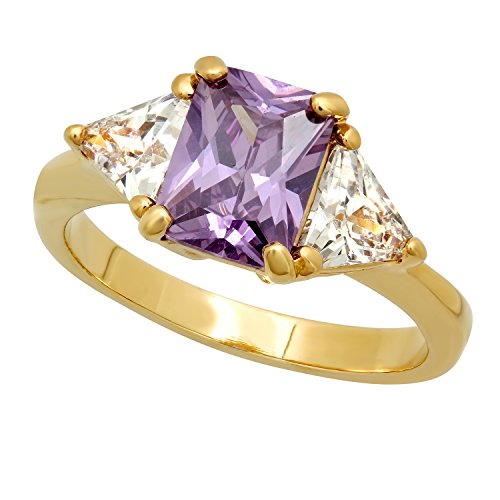 The Bling Factory Gold Plated Emerald-Cut Light Lavender CZ Three-Stone Ring, Size 8